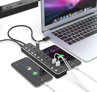 NÖRDIC 10-ports USB 3.0 hub 7 porte til data 5 Gbps 3 porte til ...