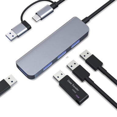 Dobbelt USB-C og USB-A Hub med 1 USB3.0-port og 3 USB2.0-porte | Elgiganten