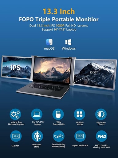 NÖRDIC Dual Portable 13,3"" skærme med teleskopstativ til bærbar 13 ...